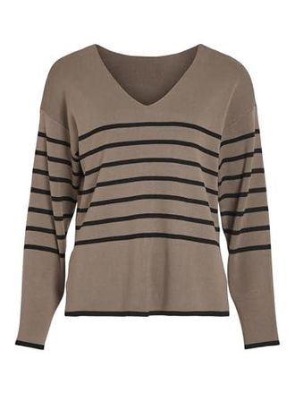 Vila Vila Viostria V-Neck L/S Rev Top-Noos Pull en Tricot, Fossile/Rayures : Black Beauty, L Femme