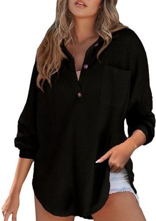 Generic Chemise à manches longues surdimensionnée décontractée boutonnée à col en V pour femme - Chemisier dautomne ample pour le printemps - Chemisier habill
