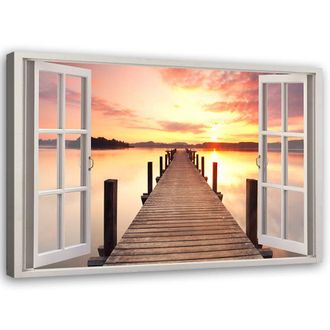 Feeby Wandbild - Wohnzimmer Modern Deko - Sonnenuntergang Steg - 60x40 cm 1tlg - Bilder Leinwand - Bild auf Leinwand Schlafzimmer - Leinwandbilder für die W