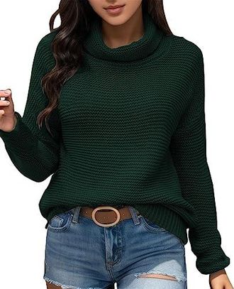 Generic 2026 Printemps Femme Automne/Hiver Pull &agrave; Manches Longues Col Roul&eacute; Tricot Grosse Maille, Vert, XL