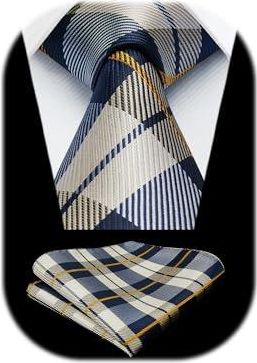 Hisdern Cravates Homme à Carreaux Élégante Formelle Classique Cravate et Pochette en Soie Mariage dAffaires Fete Cravate pour Hommes Bleu et Beige
