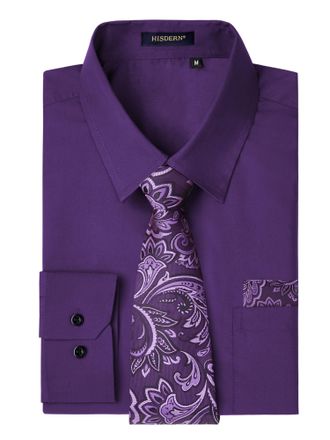 Hisdern Herren Hemd Langarm Lila Hemd mit Krawatte Set Formelle Unifarben Hochzeit Freizeithemden Regular Fit 4XL