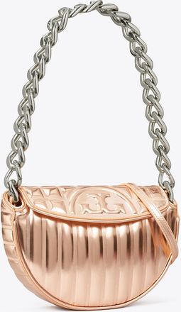 Tory Burch Damen Mini Fleming Soft Metallic Quilt Crescent Bag