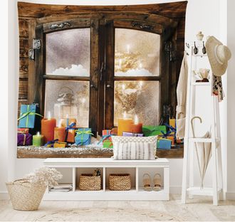 Abakuhaus Weihnachten Wandteppich, Schnee Wetter Rustikaler Stil, Wohnzimmer Schlafzimmer Wandtuch Seidiges Satin Wandteppich, 150 x 100 cm, Brown und orange