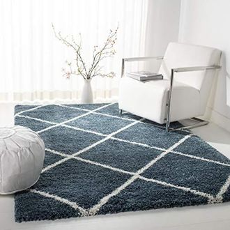 Safavieh Tapis Shag pour Salon, Salle à Manger, Chambre à Coucher - Hudson Shag Collection, Tapis à Poil Long, Bleu Ardoise et Ivoire, 155 X 229 Cm