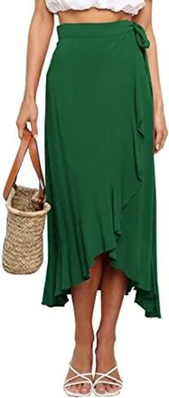 Feoya Jupe Portefeuille mi-Longue Femmes Une Pièce Jupes Longues Dété Décontractées pour La Plage Taille Haute Jupes Maxi Enveloppantes Vert foncé L