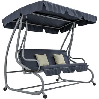 OUTSUNNY Balancelle de jardin 3 places convertible toit inclinaison r&eacute;glable 2 tablettes support coussins acier polyester gris