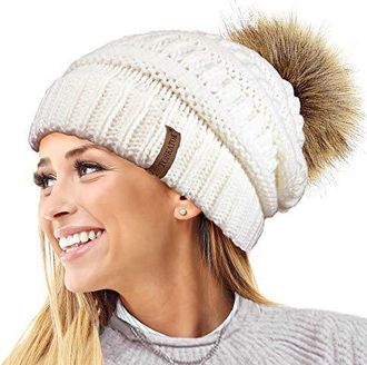 TOSKATOK Femmes Texture Tricot Beanie avec Detachable Fourrure Faux Pom Pom