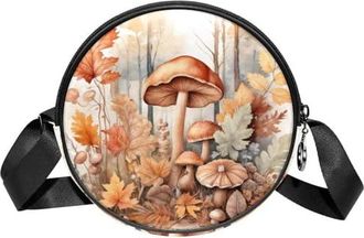 Generic Sac &agrave; bandouli&egrave;re rond pour femme, motif feuilles et champignons avec fermeture &eacute;clair et bretelles r&eacute;glables