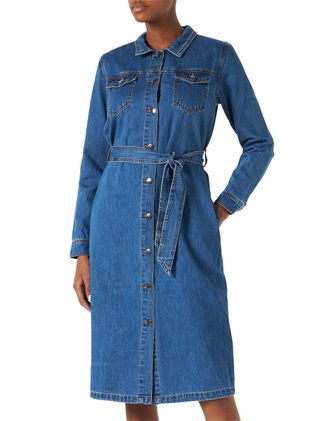 Kaffe Damen Dress Midi Long Tunic Buttoned Tie Waist Lässiges Kleid, Denim, Blau, 36