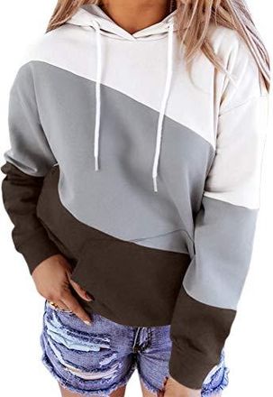 ORANDESIGNE Femmes Automne Hiver Sweats à Capuche Casual Hoodies Pullover Manches Longues Patchwork Sweat à Capuche Sport Sweatshirt Tops Blouse A Gris M