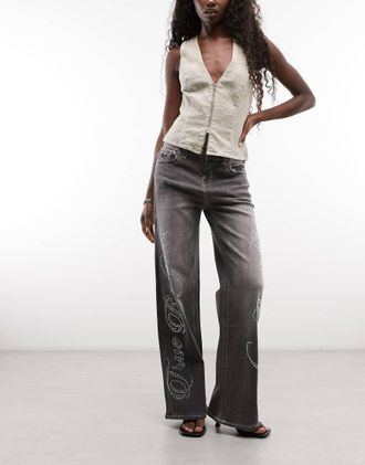 True Religion Baggy-Jeans mit Klappentaschen und Kristall-Logo in verwaschenem Grau-Braun