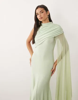 Asos Robe longue en tulle avec cape et godets - Sauge-Vert