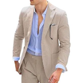 Generic Ensemble de costume fin en seersucker ray&eacute; pour homme - Tenue d&eacute;t&eacute; pour la plage et le mariage - 2 pi&egrave;ces - Costume classique &agrave; ventouse, kaki, XXL