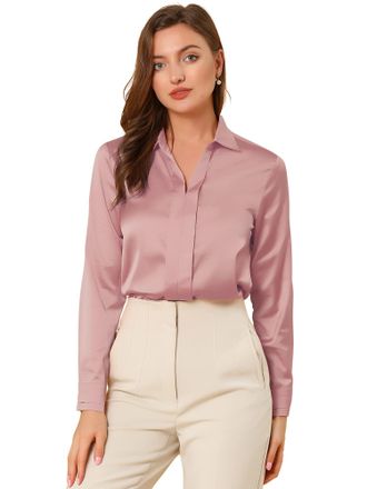 Allegra K Damen Satin Bluse Langarm Hemdkragen V-Ausschnitt Elegant Business Shirt Altrosa XS