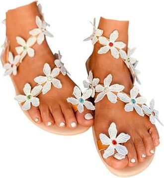 Generic Sandales plates avec strass pour femme, style boh&egrave;me 2026, avec fleur et perles, sangle de cheville, anneau dorteil, tendance, d&eacute;contract&eacute;, confortabl