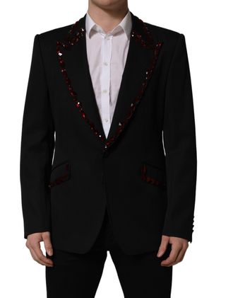 Dolce & Gabbana Mens Black Crystal Embellished Coat Blazer Jacket Virgin Wool Silk Polyester Clothing