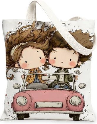 Generic Sacs fourre-tout en toile pour couple mignon, motif dessin anim&eacute;, sacs d&eacute;picerie r&eacute;utilisables, l&eacute;gers et lavables avec bandouli&egrave;re en toile F, blanc,