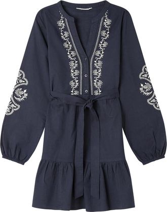 Springfield Damen Short Dress with Embroidered Sleeves and Neck Besticktes Kleid, blau, 40