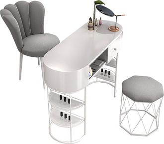 Generic Manicure Table Station Professional Nail Tech - Glass Top with Storage Drawers & Open Shelves, for Salons and Beauty Retailers, & Stylish Design