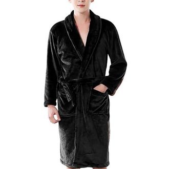 Generic Robe de nuit longue pour homme en polaire &eacute;paisse confortable pour lhiver avec poches Couleur unie Longue robe de chambre en flanelle douce, Noir, XL