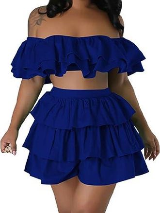 Generic Costume dété à deux jupes plissées avec épaules dénudées et short superposés pour femme, tenue de club sexy, jupe longue, costumes pour femmes, b, XXL