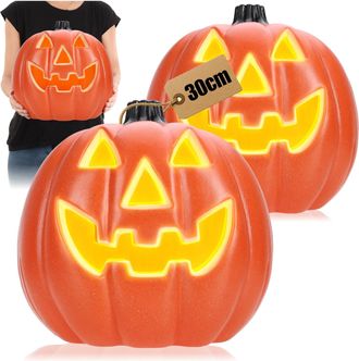 Com-Four 2x K&uuml;rbis mit LED-Beleuchtung & Timerfunktion (6h an/18h aus) - Halloweenk&uuml;rbisse als Hauseingangs- & Fensterdekoration - XXL Kunststoff-K&uuml;rbisse (2x 