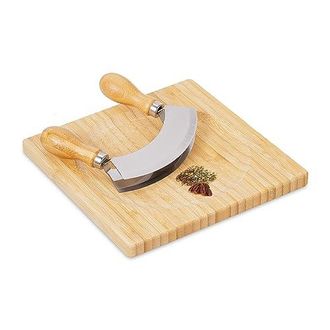 Relaxdays Hachoir Berceuse avec Planche, Bambou & Acier Inoxydable, Couteau &agrave; Double Lame, 20x20 cm, Nature - argent&eacute;