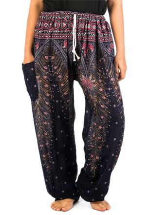 Lofbaz Damen Pfau 1 Kordelzug Harem Boho Hose Dunkelblau 4XL