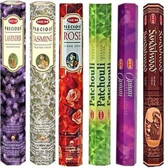 Hem Hem Räucherstäbchen, 6 Boxen mit je 20 Stäbchen, Lavendel, Jasmin, Rose, Patchouli, Opium und Sandale, insgesamt 120 Stäbchen