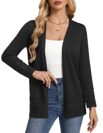 Grace Karin Damen Langarm Leicht Strickjacke Elegant Durchbrochenem Muster Offene Front Lange Cardigan Blazer Schwarz XXL