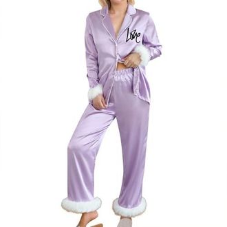 Generic Ensemble de pyjama d&eacute;contract&eacute; et confortable pour la Saint-Valentin 2026 pour femmes, chemise &agrave; manches longues, pantalon, deux ensembles, violet, XL