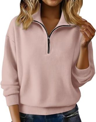 Generic Pull confortable en cachemire pour femme, fermeture &eacute;clair quart de long, col montant, manches longues, coupe ample, chandail l&eacute;ger pour lautomne, ros