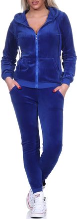 Jela London Damen Nicki Hausanzug Jogginganzug Velour Samt Jogging Freizeit Hose Kapuzen Jacke, Blau, 36-38 (M)