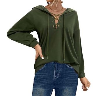 Generic Haut &agrave; Manches Longues lac&eacute;es pour Femme, Pull &agrave; Cordon de Serrage, Sweat Capuche d&eacute;contract&eacute; Manches Longues et col en V, Vert arm&eacute;e, Taille L