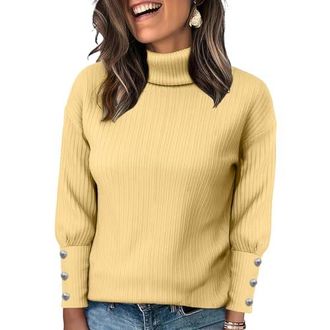 Generic Pull Femme Hiver Chaud col Montant D&eacute;contract&eacute; Manche Longue Couleur Unie Jumper Pull Femme Chic et El&eacute;gant Mode Ample Sweatshirts Jaune