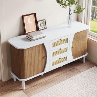 Generic Sideboard Wei&szlig; 140,5X40X76 cm, Sideboard Rattan Mit Schiebet&uuml;ren, Kommode Mit Schubladen 3 Schubladen, Komodenschrank 140Cm Breit, Schrank 40 cm Tief,