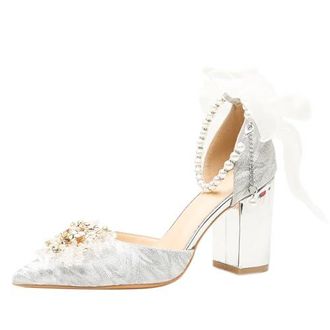 Generic Qynthra Femmes Élégant Mariage Pumps Dentelle Fleur Design Perle Bride Cheville Talon Bloc Chaussures Mariée pour Cérémonie Et Réception,Silver (8cm H