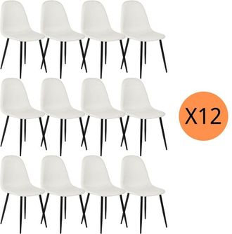 Urban Meuble Lot de 12 chaises salle à manger scandinave tissu blanc cassé pieds noir