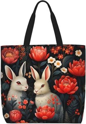 Generic Lapins Et Fleurs &Eacute;clatants Sac &Agrave; Bandouli&egrave;re D&eacute;contract&eacute; Tote Bag Pliable Sac Courses Pour Travail Shopping Universit&eacute;