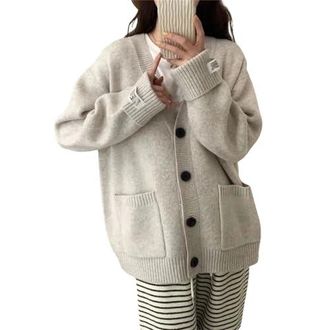 Generic Cardigan r&eacute;tro en tricot pour femme, style cor&eacute;en, avec poches plaqu&eacute;es, veste douce pour lhiver, Beige, taille unique