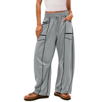 Generic Pantalon baggy baggy avec cordon de serrage pour femme, pantalon de surv&ecirc;tement ample &agrave; jambes larges avec cordon de serrage et poches, gris, XXL