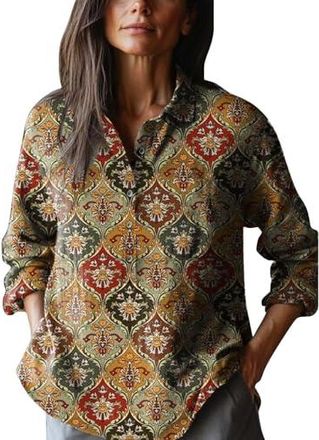 Generico Chemise Femme d&Eacute;t&eacute; &Eacute;l&eacute;gant Manches Longues T Shirt Coton Et Lin Simple Grande Taille Blouse Col V Classique Chemisier Vintage Fantaisie avec Boutons D