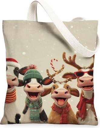 Generic Sacs fourre-tout festifs en toile, motif vache mignonne, sacs d&eacute;picerie r&eacute;utilisables, sacs d&eacute;picerie vintage, l&eacute;gers, lavables en toile, Beige, 13x15
