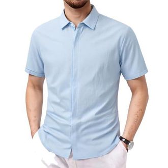 Generic Chemise en lin pour homme - Haut d&eacute;contract&eacute; intelligent pour les vacances tropicales - Chemise boutonn&eacute;e &agrave; manches courtes - Col rabattable - Haut de