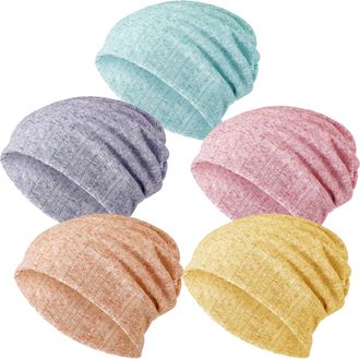 Satinior 5 St&uuml;ck Damen Slouchy Beanie Chemo Hut Stretch Krebs Kopf Wraps Schlaf Kopftuch f&uuml;r Krebspatienten, Pastellfarben., Medium