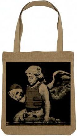 Fabulous Sac Shopping Tote Bag Aspect Lin - Banksy Ange Dechu Crane Gilet pare-balle Street Art - Sac de Courses Toile Epaisse 360g Beige Naturel Cabas Port&eacute; E