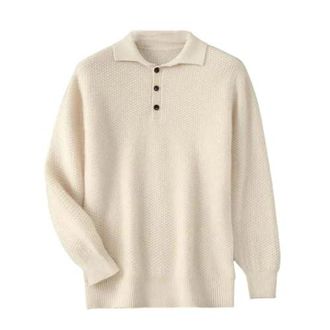 Generic Pull en laine solide pour homme décontracté à manches longues 3 boutons, beige, 3XL