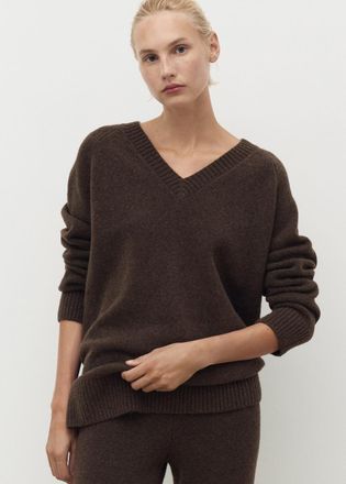 Mango Pull-over maille col en V chocolat - Femme - M - MANGO