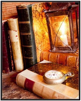Wallario Wandbild - Antike Laterne mit Kerze Alten B&uuml;chern und Taschenuhr in Premiumqualit&auml;t, Poster mit schwarzem Rahmen, Gr&ouml;&szlig;e: 40 x 50 cm